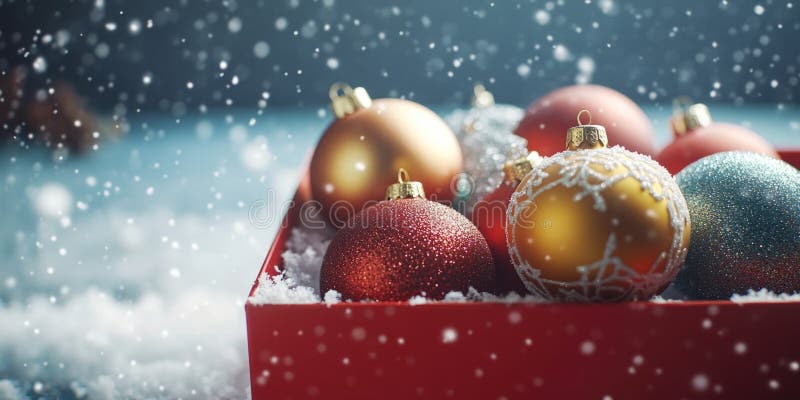 A Bright Red Box Overflowing with Colorful Christmas Ornaments Stock ...