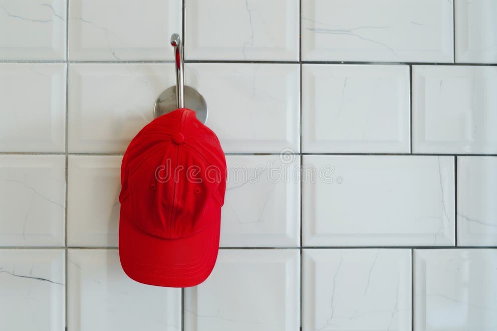 Bright Red Cap on a Sleek Silver Hook Against a White Tiled Wall Stock ...