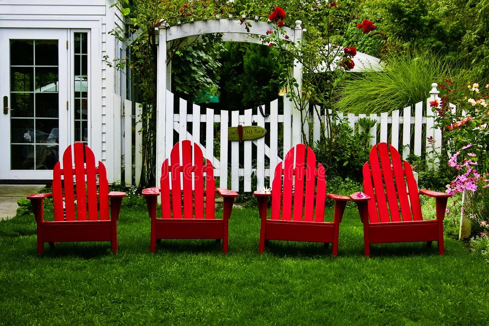 Bright Red Chairs in a Beautiful Garden Stock Image - Image of oregon ...
