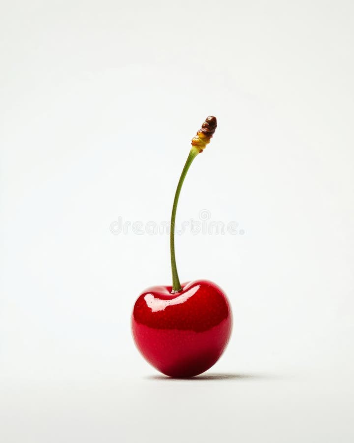 Bright Red Cherry with a Long Stem on a Plain Background in a Simple ...