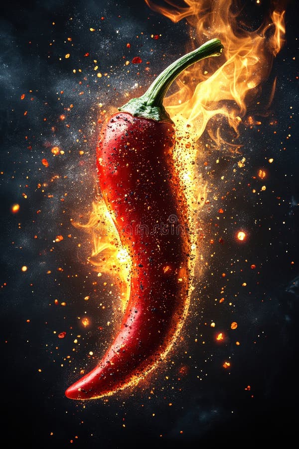 Bright Red Chili Pepper Surrounded by Fiery Flames and Spices Creating ...