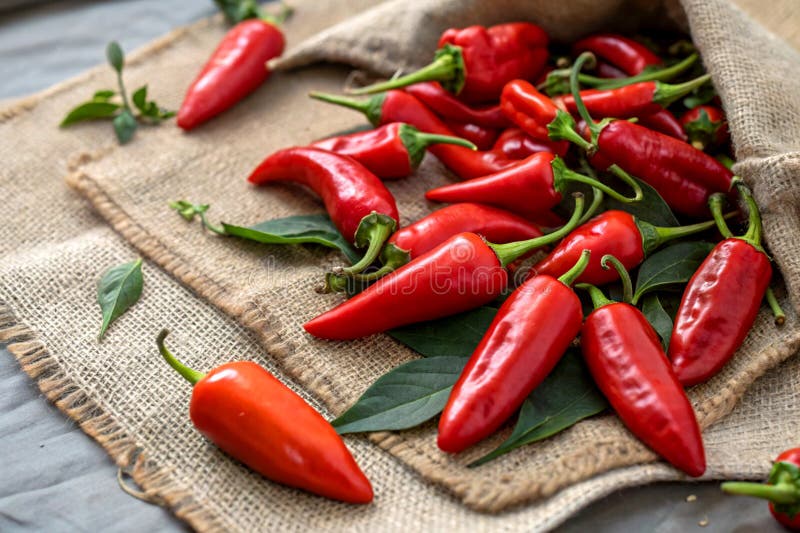 Bright Red Chili Peppers Spread on a Rustic Cloth Stock Illustration ...