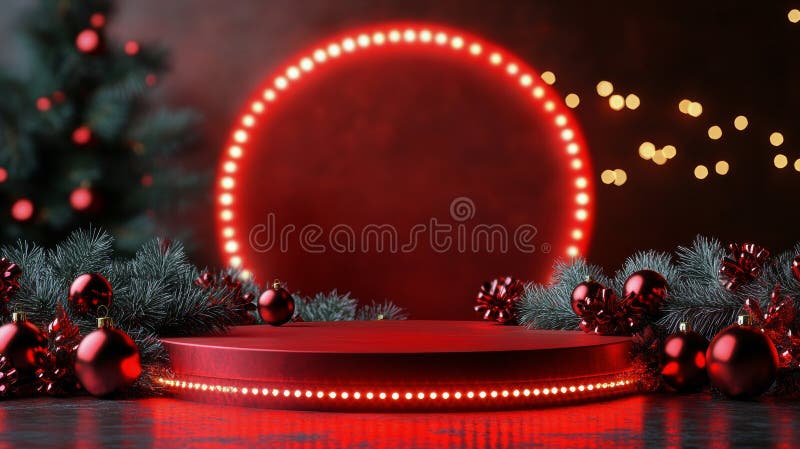 Vibrant Red Circular Display with Glowing Lights Against a Festive ...