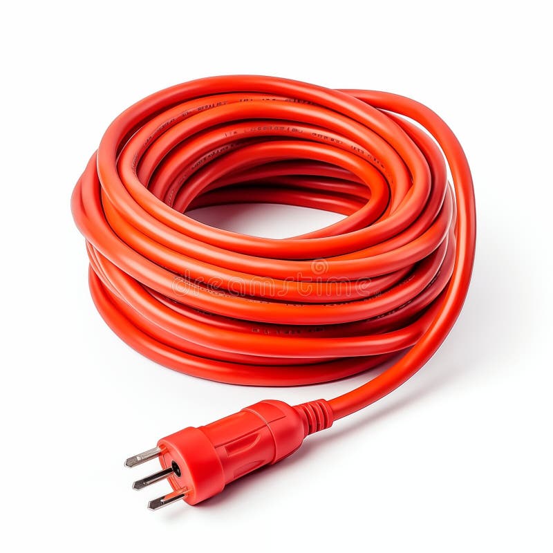 Bright Red Coiled Extension Cord with Red Plug on a White Background ...