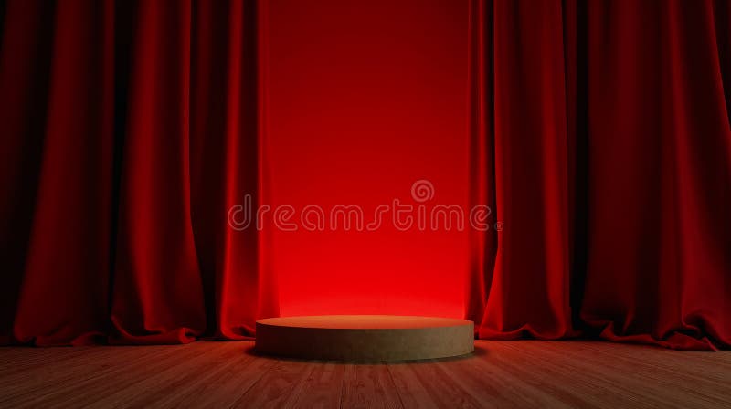 Red Curtain Backdrop with Round Podium on Wooden Floor, Spotlight ...