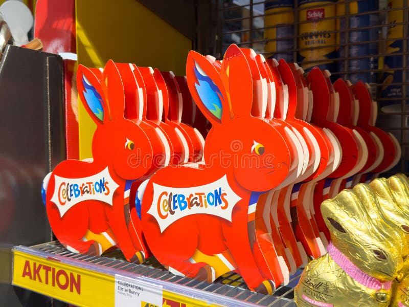Bright Red Easter Bunny Boxes with Celebrations Sign in Store Display ...