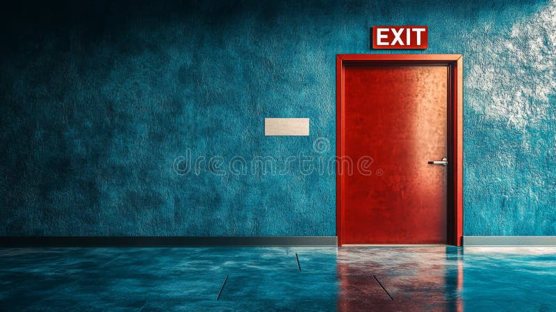 Bright Red Emergency Exit Door with Illuminated Sign Stock Illustration ...