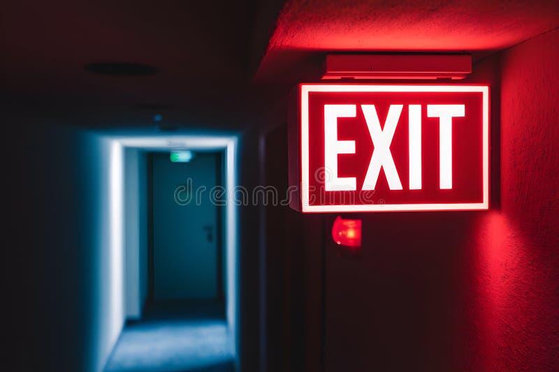 Bright Red EXIT Sign in Dim Corridor with Door, Suggesting Preparedness ...