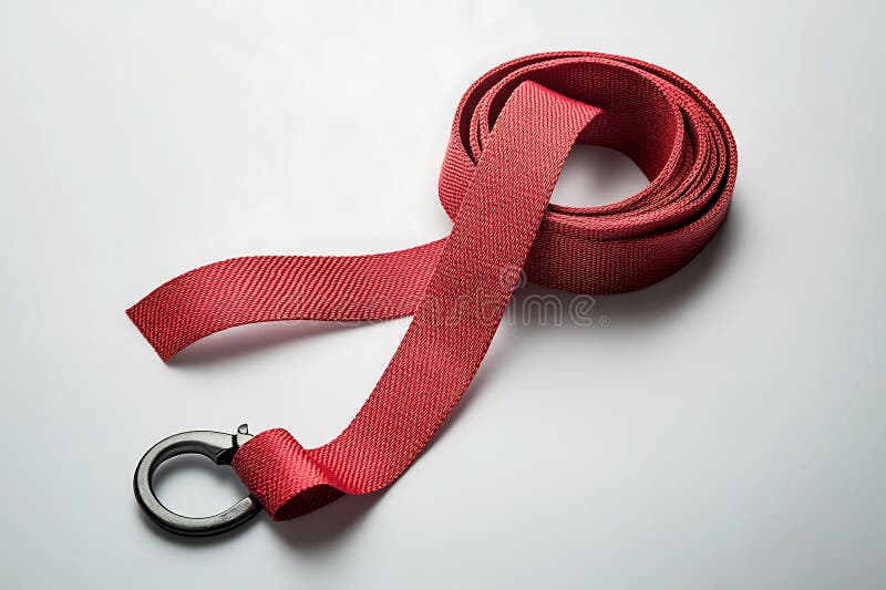 Bright Red Fabric Strap Coiled with Metal Hook, Textured Webbing on a ...