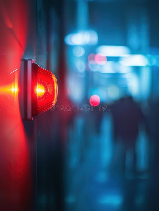 A Bright Red Fire Alarm Button and Light Illuminate a Wall in a Dimly ...