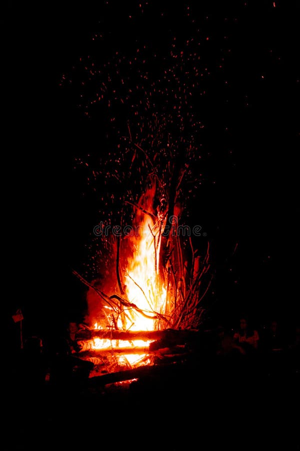 Bright Red Flame from a Giant Hearth in the Middle of a Black Night ...
