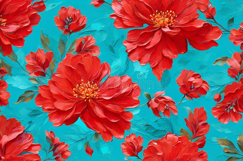 Bright Red Floral Patterns Made in the Style of Impressionism Turquoise ...
