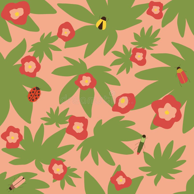 Bright Red Flowers Seamless Pattern, Flowers and Beetles on Green ...