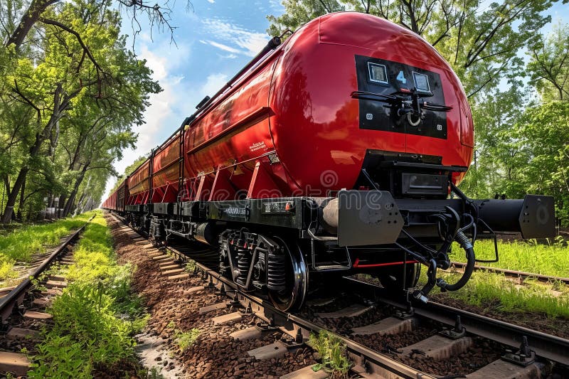 Bright Red Freight Train on Railway among Lush Greenery on a Sunny Day ...