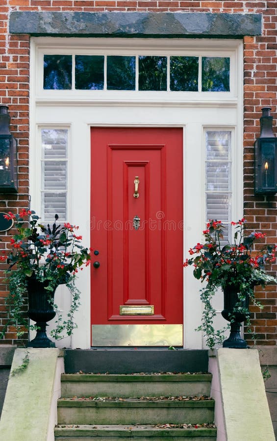 A Bright Red Front Door with Cream Trim and a Transom with Front Steps ...