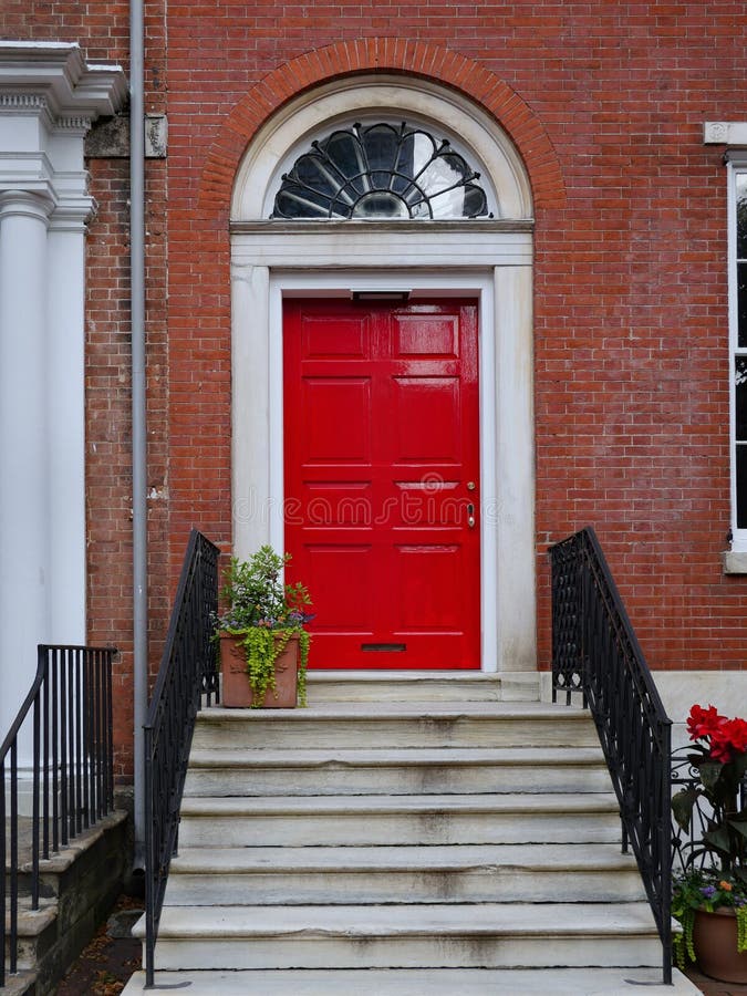 Bright Red Front Door of Old Townhouse Stock Photo - Image of bright ...