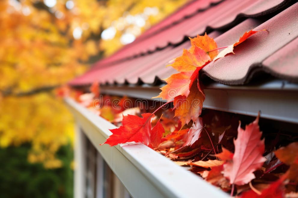 Bright Red Gutter with Autumn Leaves Clogging it Stock Illustration ...