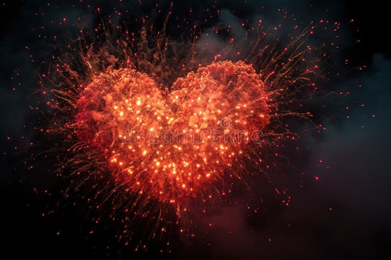 Bright Red Heart Shaped Fireworks in the Night Sky Stock Illustration ...
