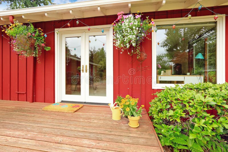 Bright Red House with Walkout Deck Stock Image - Image of home, yard ...