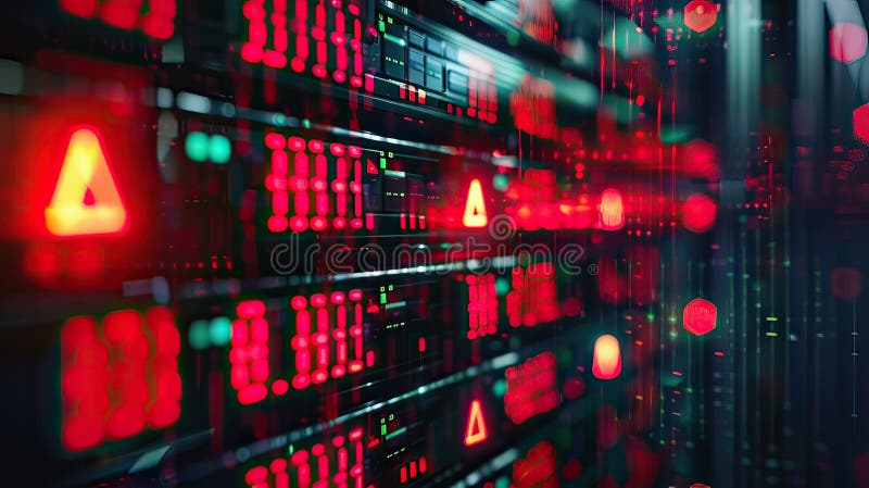 Red Data Visualization in Server Room with Digital Displays at Night ...
