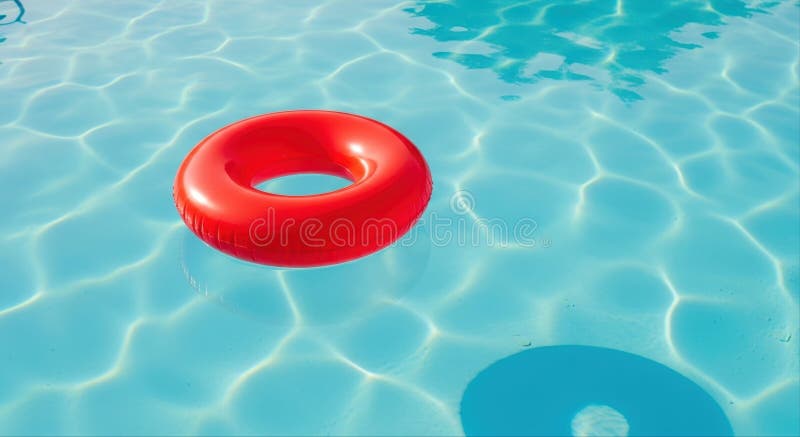 Bright Red Inflatable Ring Float Gently Drifting on Clear Blue Swimming ...