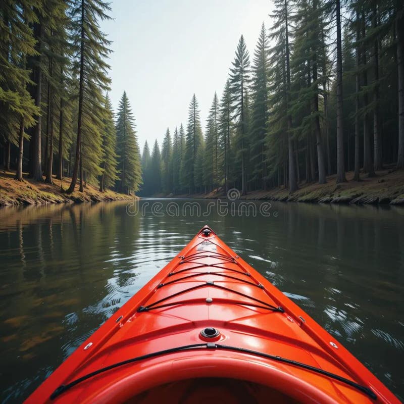 A Bright Red Kayak Floating Down a River Surrounded by Tall Pine Trees ...