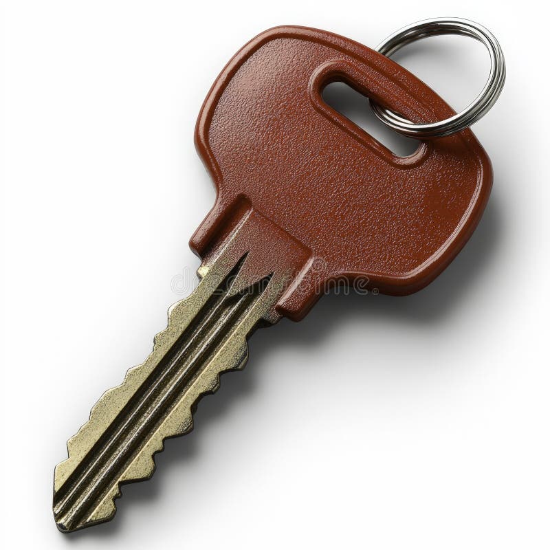 Bright Red Key with Metallic Teeth on a Keyring Placed Against a Simple ...