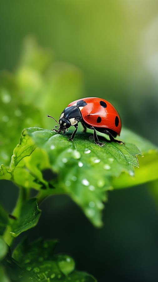 Bright Red Ladybug Black Spots Resting Dew-covered Green Leaf Natural ...