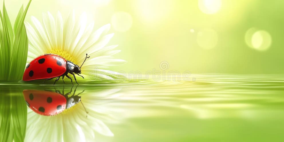 Bright Red Ladybug Perched on a White Daisy with Reflection on Water ...