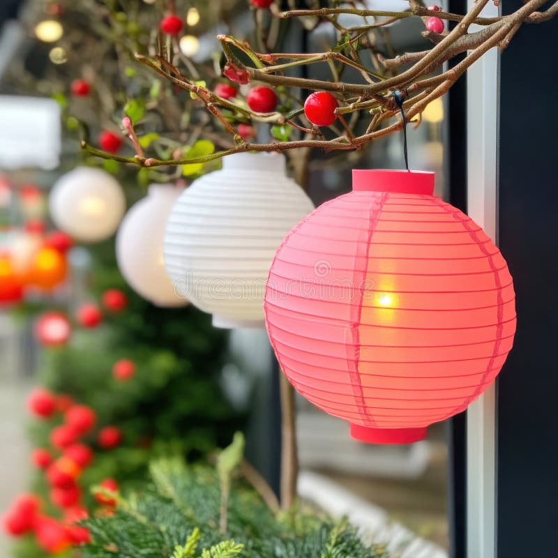 Bright Red Lanterns Illuminate Festive Scene with White Lanterns and ...