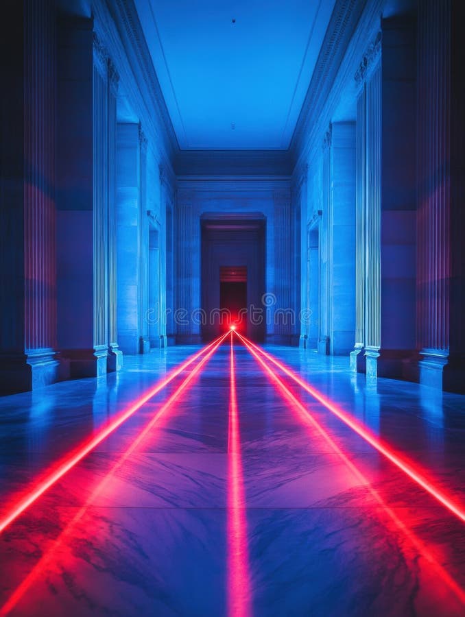 Bright Red Laser Beams Cross a Darkened Corridor in an Architectural ...