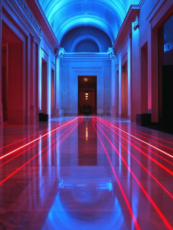 Bright Red Laser Beams Cross a Polished Corridor in a Contemporary ...