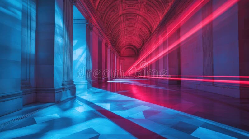Bright Red Laser Beams Cut through a Spacious Museum Corridor, Creating ...
