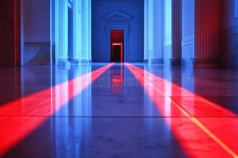 Bright Red Laser Beams Slice through a Dimly Lit Corridor, Casting ...