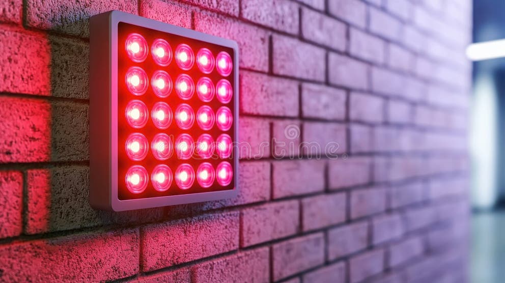 Bright Red LED Light Panel Mounted on Textured Red Brick Wall Interior ...