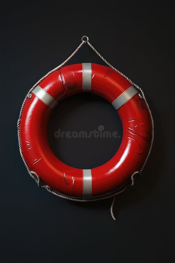 A Bright Red Life Preserver Hangs from a Black Wall, Ready To Be Used ...