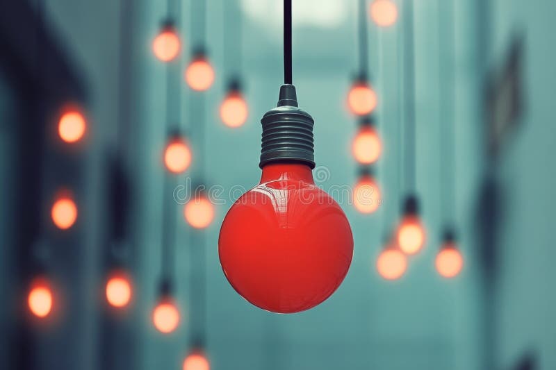 Bright Red Light Bulb Hanging among Soft Glowing Lights in Background ...