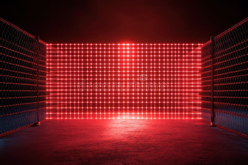 Bright Red Light Grid Illuminating a Dark Urban Space at Night in an ...