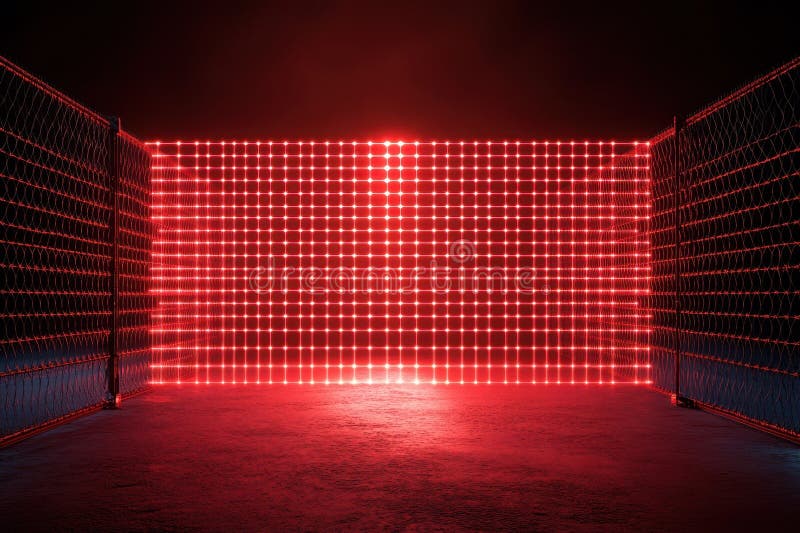 Bright Red Light Grid Illuminating a Dark Urban Space at Night in an ...