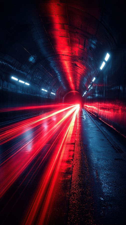 Bright Red Light Streaks Illuminate Dark Tunnel with Reflections on Wet ...