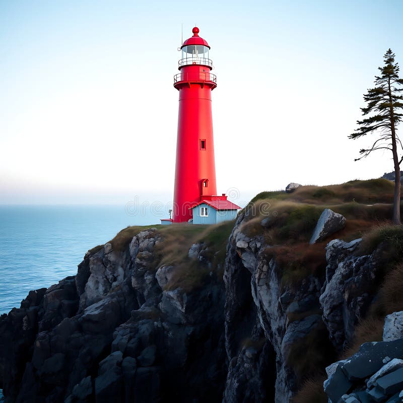 A Bright Red Lighthouse Standing on a Rocky Coastal Cliff Stock ...