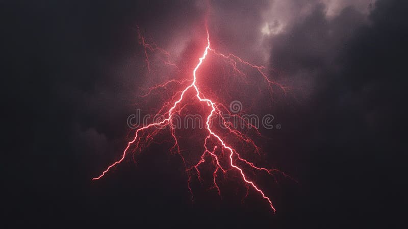 Bright Red Lightning Strikes Dramatically through Dark Storm Clouds ...