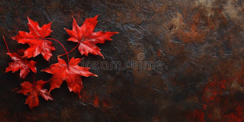 Bright Red Maple Leaves Arranged in a Vertical Cluster on a Dark ...