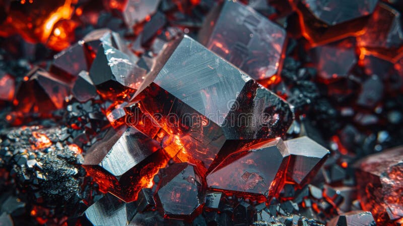 Close Up View of Vibrant Red Mineral Crystals Glistening Under Light in ...