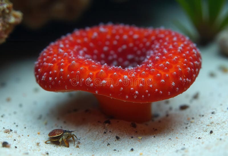 Bright Red Mushroom Coral with Textured Surface in Aquarium Sand Stock ...