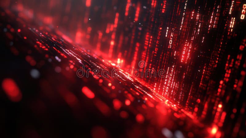 Bright Red Numbers Cascade Down in an Abstract Space. Glowing Particles ...