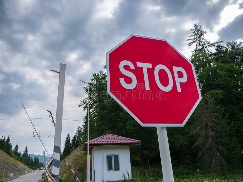 Bright Red Octagonal Stop Sign Standing on the Intersection Stock Image ...