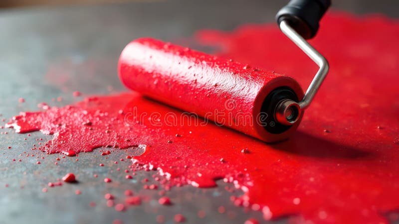 Bright Red Paint Roller with Vibrant Splatter on Surface Stock ...