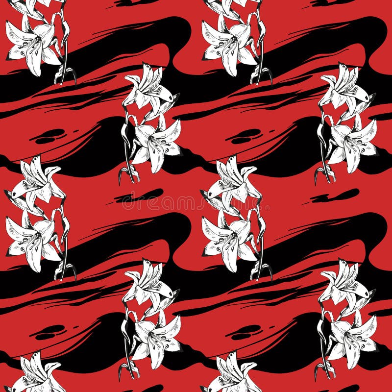 Bright Red Pattern with Lily Stock Vector - Illustration of pattern ...