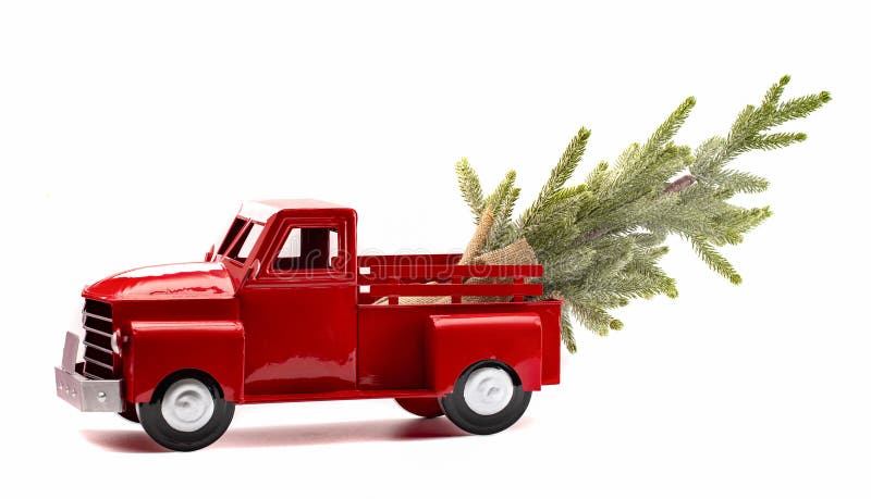 Bright Red Pickup Truck Hauling a Tree for Christmas Stock Image ...